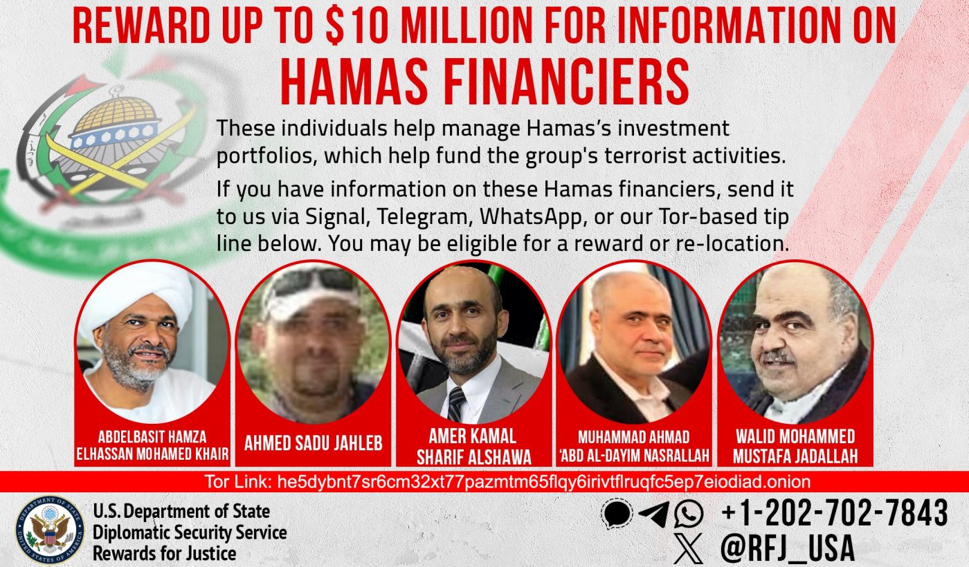 US Posts $10 Million Bounty for Hamas Financiers