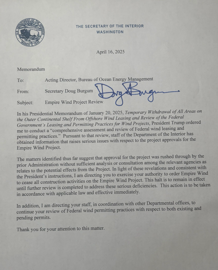 Trump Admin Halts New York Offshore Wind Project, Orders Review of All ...