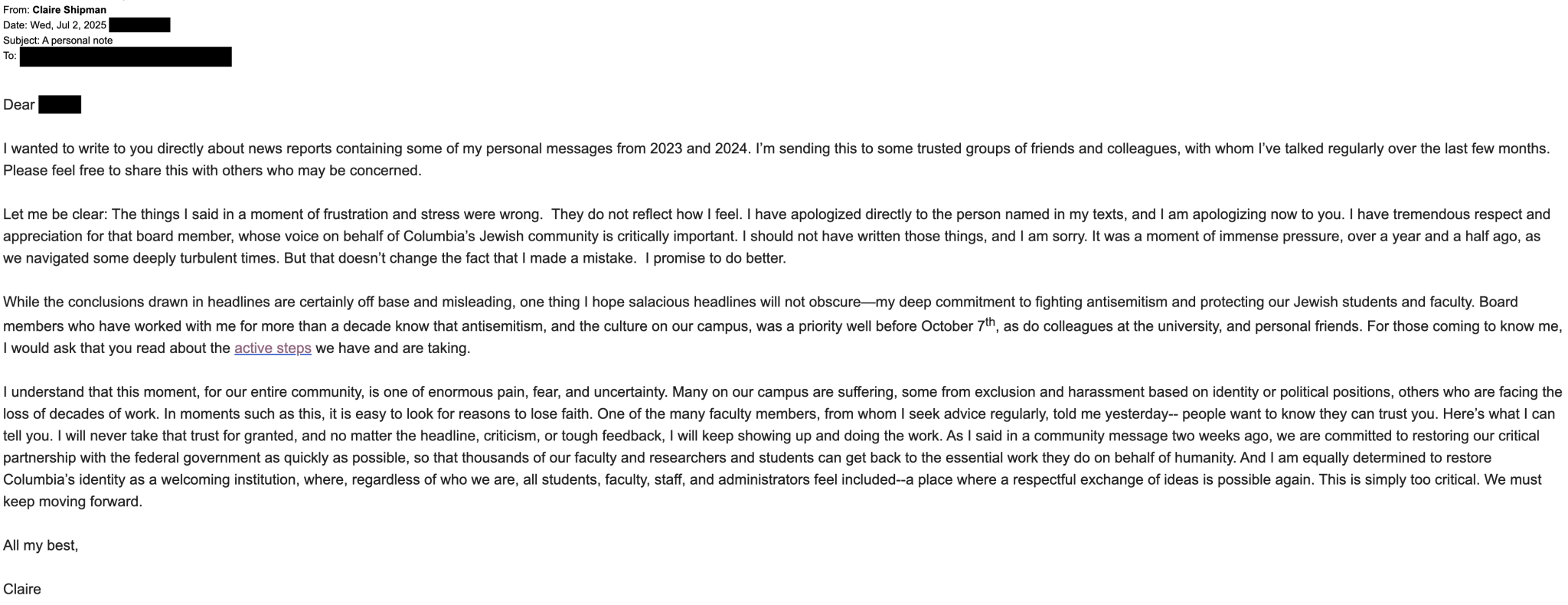 Columbia President Claire Shipman Issues Internal Apology Over Messages ...