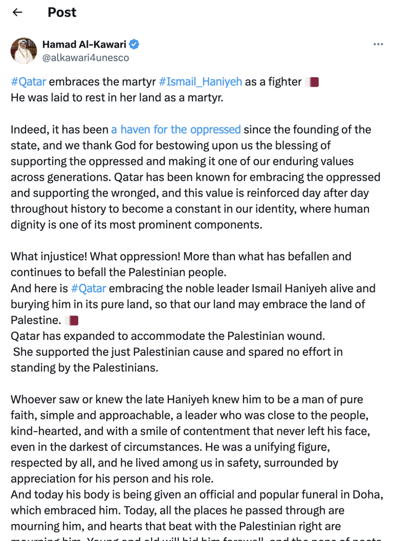 'Qatar Embraces the Martyr': Former Qatari Ambassador to US Praises Hamas Honcho and Vilifies ...